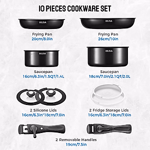 BEZIA Induction Cookware with Healthy Ceramic Coating, Camping Pots and Pans Set Nonstick 10pcs with Detachable Handles, Induction RV Kitchen Set with Removable Handles, Oven Safe