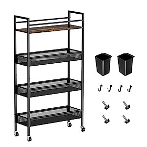 InHomFu Slim Storage Cart, 4 Tier Kitchen Rolling Utility Cart, Narrow Unit Slide Out Cart with Handle, 5.9 Inches Wide, Metal Organization and Storage for Kitchen, Bathroom, Laundry, Black