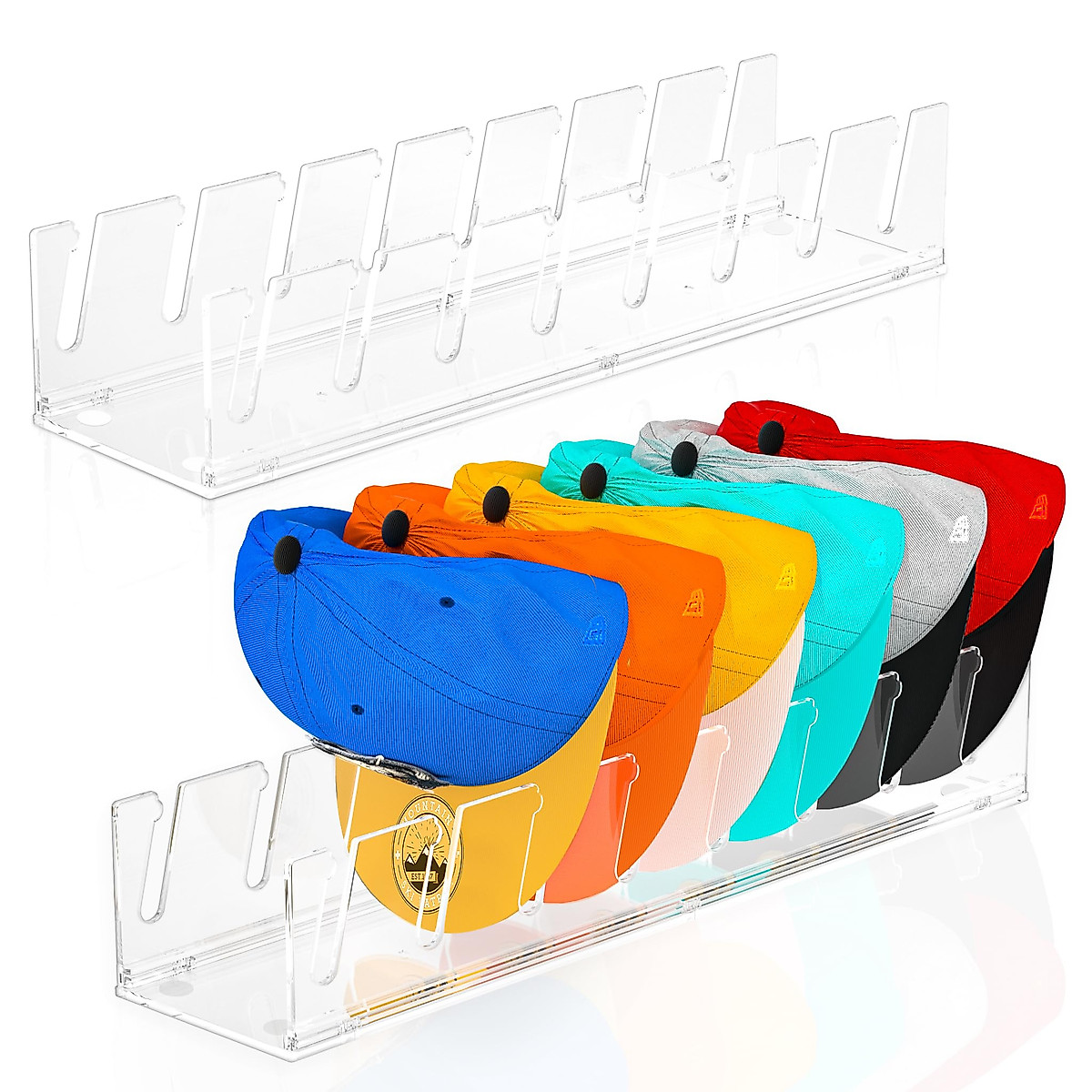 Meeenmiil Hat Organizer for Baseball Caps 2 Pack, Anti-slip Hat Stand for 16 Baseball Caps, Hat Racks for Baseball Caps Storage and Display Hat Holder for Bedroom, Closet, Dresser (Clear)