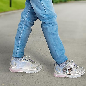 Disney Frozen LED Light up Shoes for Girls - Princess Anna and Elsa Lightweight Breathable Tennis Running Sneakers - Blue/Silver (Size 9 Toddler)