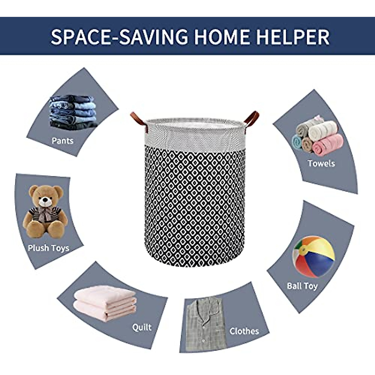 [2 Pack] Large Laundry Hamper Basket, 63L Freestanding Waterproof Clothes Basket, Collapsible Round Bohemia Storage Organizer with Leather Handles for Dirty Clothes, Home Storage (Black)