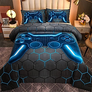 NTBED Game Console Comforter Set for Boys Kids Teens,5 Pieces Gaming Geometric Bed in a Bag,Lightweight Microfiber Gamer Bedding Comforter with Sheet (Blue, Twin)