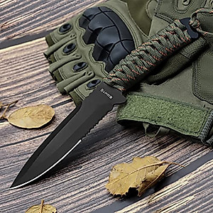 EMHTiii Camping Fixed-Blade Survival Knife - 9in Full Tang Outdoor Knives, 5in Blade with Serrated Edge and Rope Handle, Black