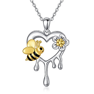 Bee Necklace Gifts Sterling Silver Love Heart Honey Bee Pendant Necklace Jewelry for Women Teens