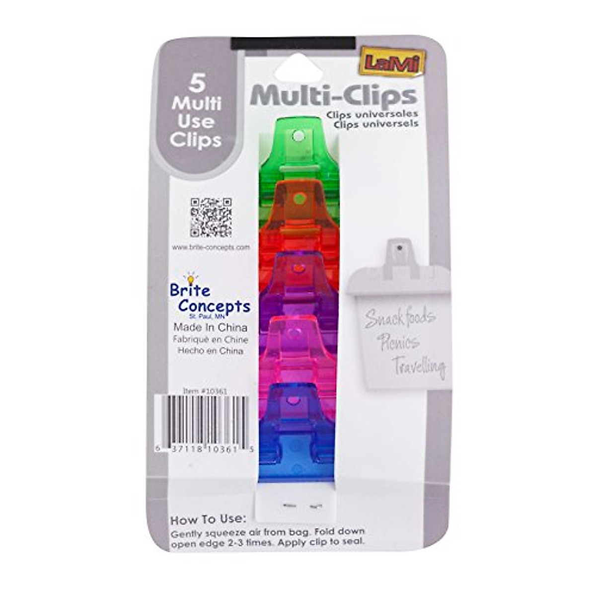 Brite Concepts, Multi-Clips, Plastic, Assorted Bright colors, 5-Count
