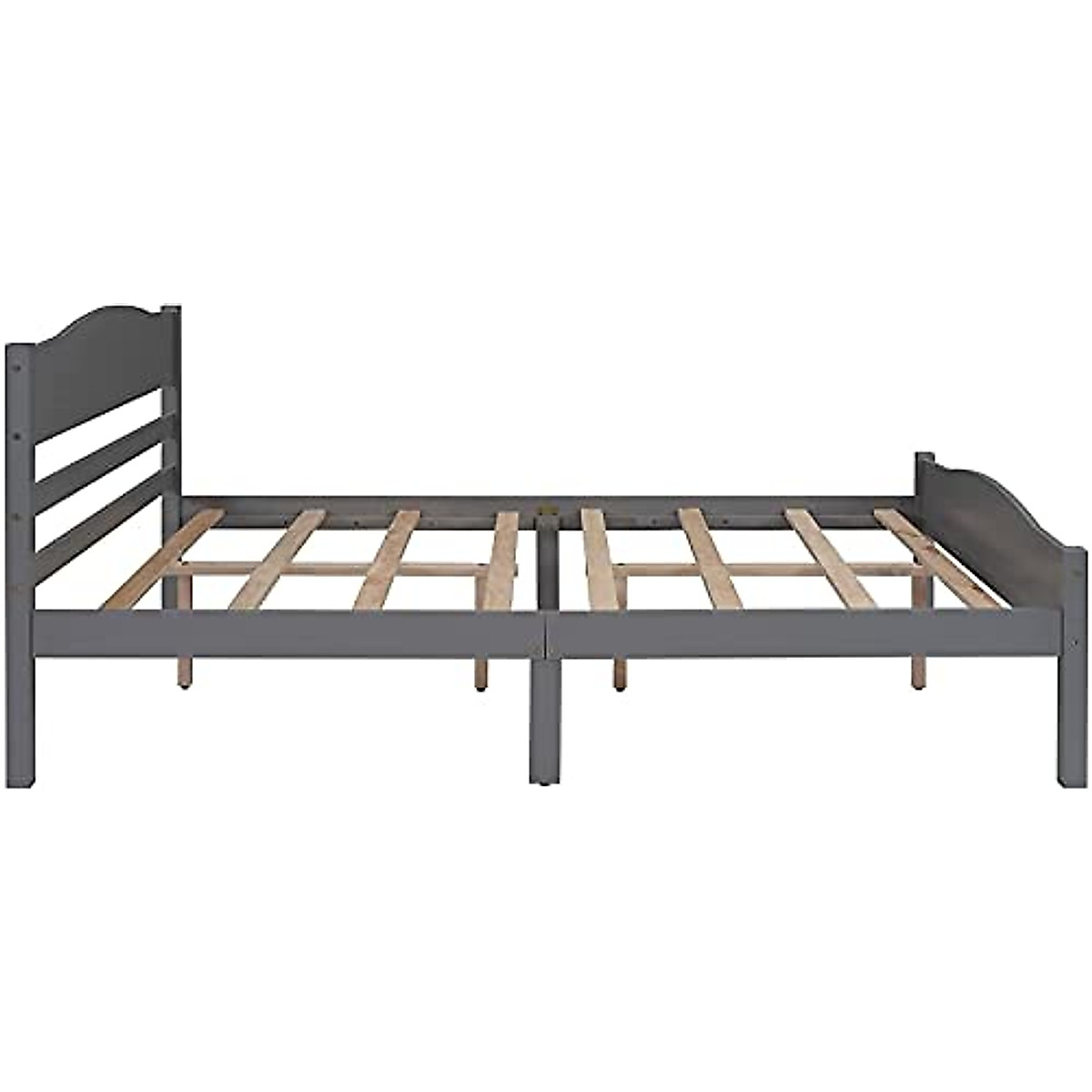 STP-Y Full Size Platform Bed, Rockjame Wood Bed Frame with Horizontal Strip Hollow Shape Headboard, Footboard and Center Support Feet, Perfect for Kids, Teens and Adults (Gray)