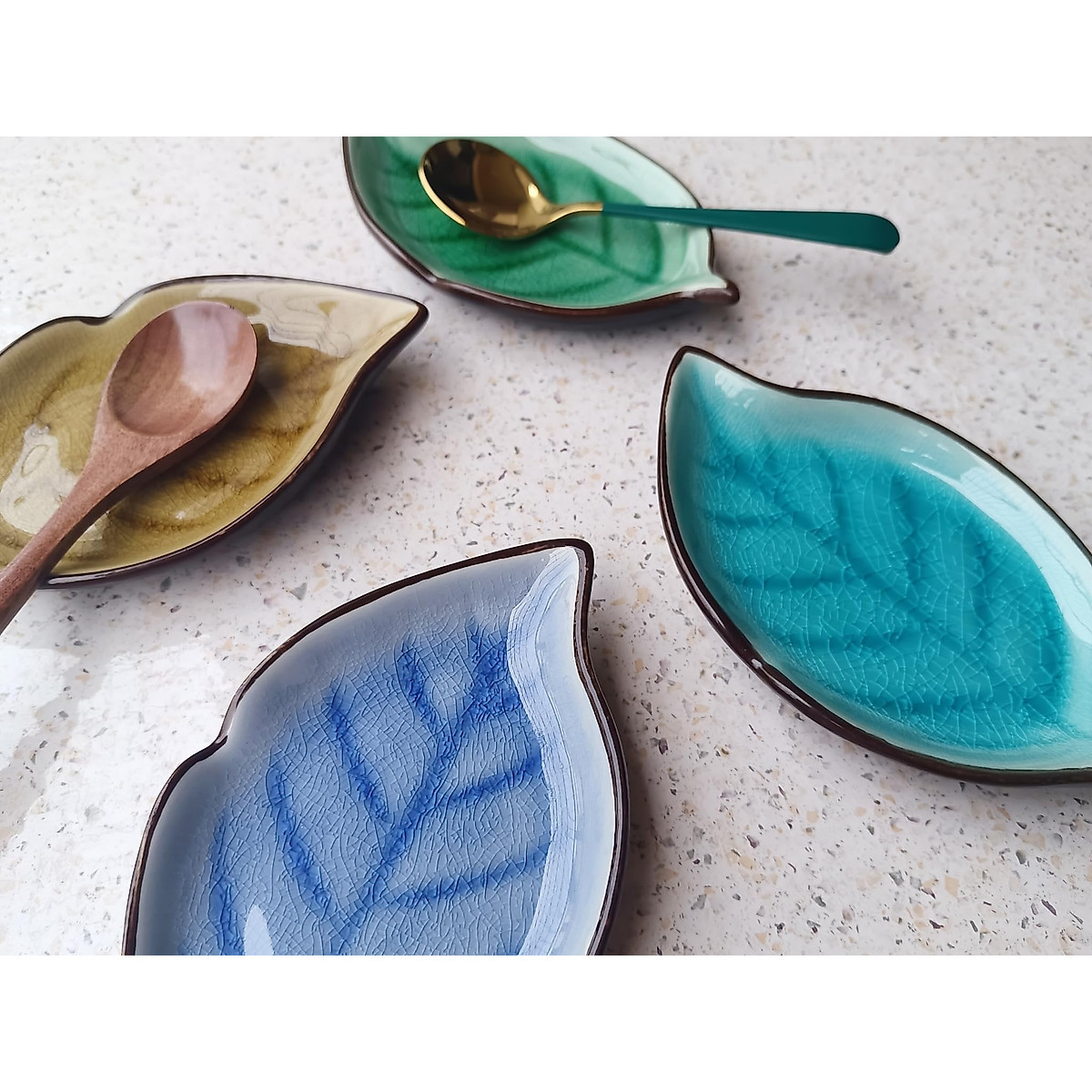 Ceramic Spoon Rest for Stove Top, Ice Cracks Leaf Cute Spoon Rest for Kitchen Counter, Cooking Spoon Holder for Kitchen Counter, Utensil Rest Spatula Rest Ladle Holder Tong Rest, 1 PC (A, Lake Blue)