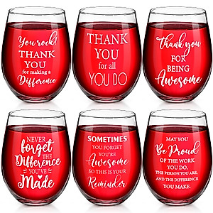 Mumufy 6 Pieces Thank You Stemless Wine Glass Gifts for Women, Inspirational 17oz Cups for Her Coworker Friends Teacher, Christmas Appreciation Birthday Thanksgiving Day Gifts Cups, 6 Styles