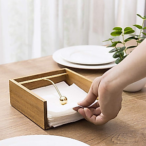 MyGift Premium Acacia Wood Napkin Holder for Table, Square Tabletop Napkin Dispenser with Brass Tone Weighted Arm