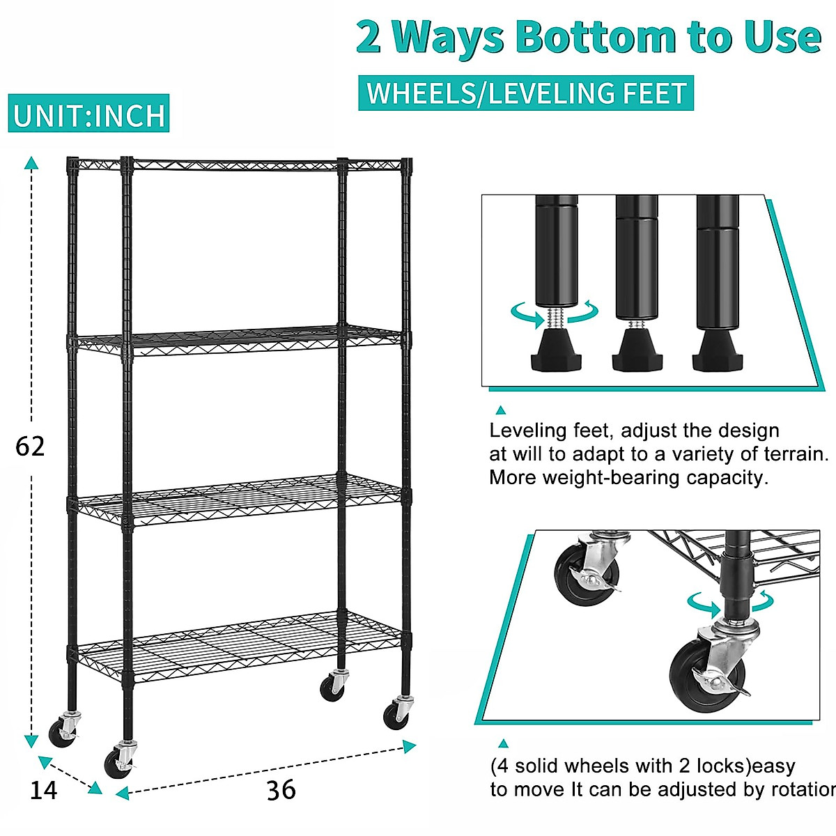YRLLENSDAN 4-Tier Storage Shelves Organizer with Wheels NSF Wire Shelving Rack Adjustable Metal Shelves for Pantry Kitchen (36" L x 14" W x 62" H,Black)