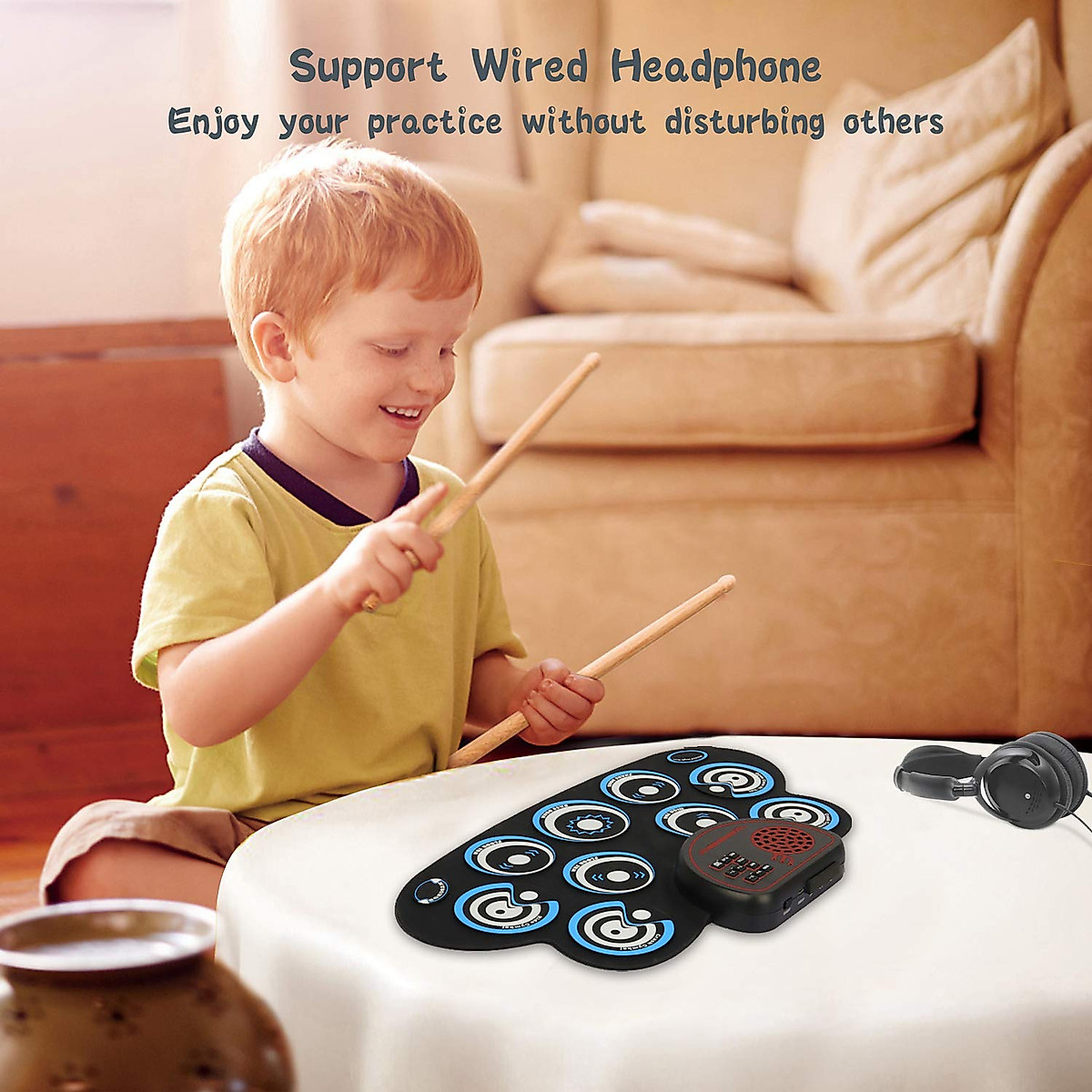 Electronic Drum Set Kids Foldable Practice Drum Pad Rechargeable Drum Kit, Built in Speakers Foot Pedals,Drum Sticks, Birthday Gift for Beginners (Blue)