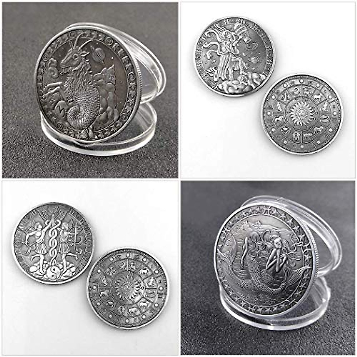 WaNana Constellation Copper Plated Silver Relief Coins Box-Commemorative Antique Lucky Silver Coins Love Mermaid Sun God Coins Pisces