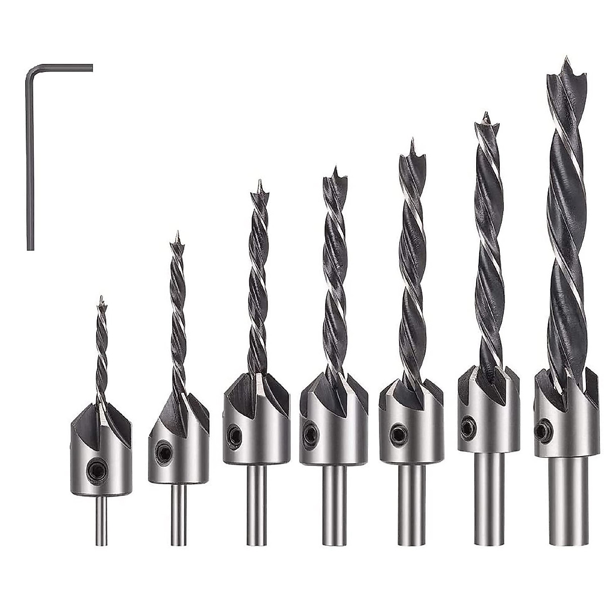 REDDSN Woodworking Countersink Drill Bit Set,Three-Pointed HSS Drill Bits Set Carpentry Reamer with Hex Key Wrench,for Drilling Wood and Plastic Include Size 3/4/5/6/7/8/10mm 7pcs