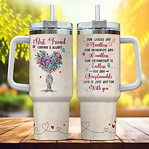 99WHALE Tumbler 40 Oz With Handle Lid And Straw, Butterfly Funny Handle For Steel Stainless Coffee Women Yellow Heart Tumblers Cups Friends, Best Friend Tree Colorful