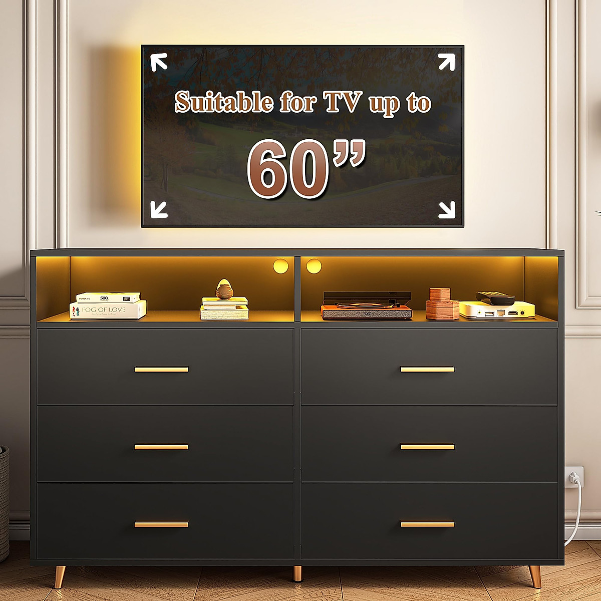 EnHomee Black Dresser with LED Lights, Wood Dresser for Bedroom with Wide Large Drawers and Metal Handles, Elegant Chest of Drawers for Clothes Storage Living Room Hallway Entryway, 47.2" W