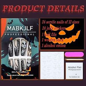 Halloween Press on Nails Long Coffin Fake Nails Full Cover Nightmare Christmas Nails Spider Web False Nails with Designs Rhinestones Matte Glue on Nails Artificial Nails for Women Girls 24Pcs