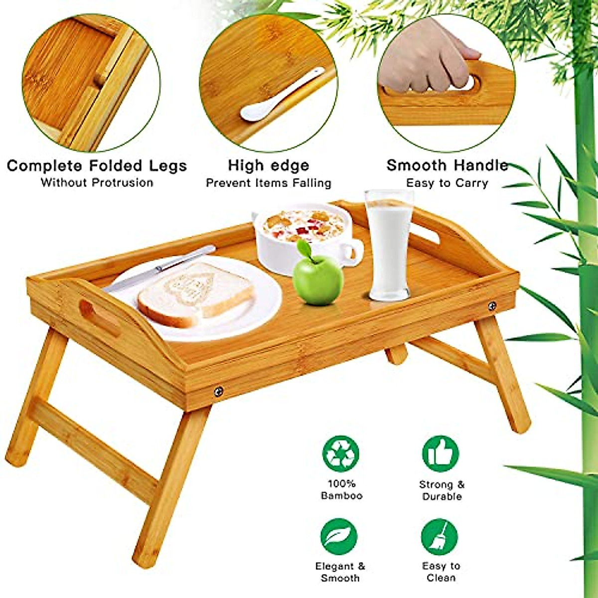 Pipishell Bamboo Bed Tray Table with Foldable Legs, Breakfast Tray with Handles, Ideal for Kids, Couples, Sofa, Bed, Eating, Working, Used As Laptop Desk Snack Tray - 2 Pack