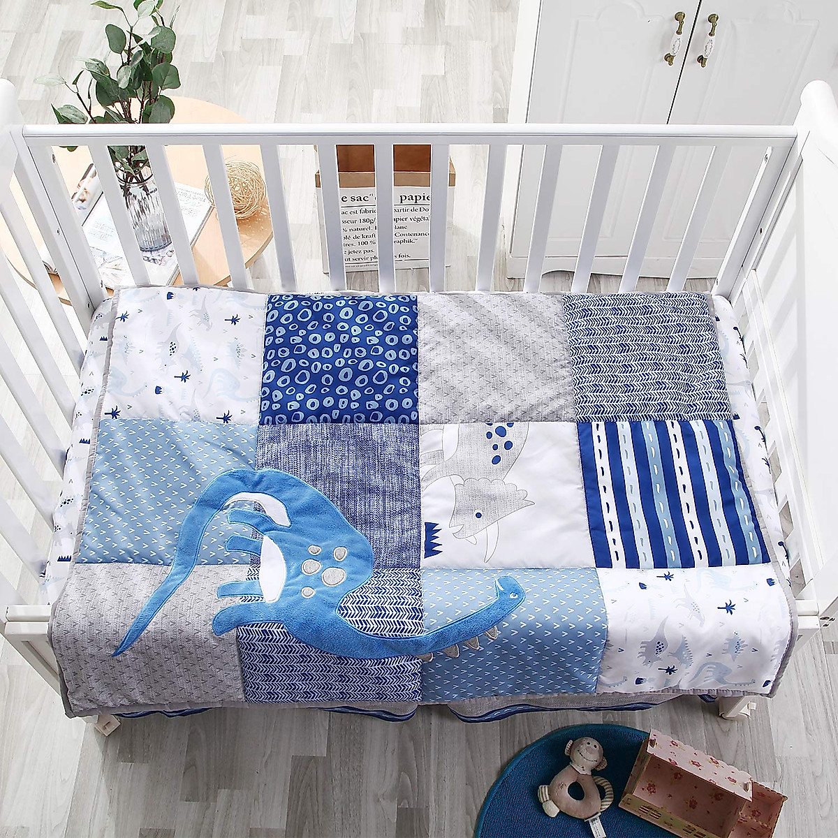 Little Grape Land 3 Piece Baby Crib Bedding Set, Dinosaur Standard Size Crib Set, Nursery Bedding for Boys, Crib Sheet, Comforter, Crib Skirt, 28" x 52", Blue/Grey