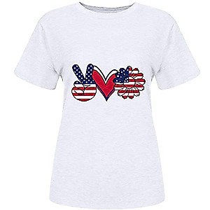 wodceeke Women's Summer Tops American Flag Print Short Sleeve T-shirt Casual Loose Solid Color Independence Day Top (White,L)