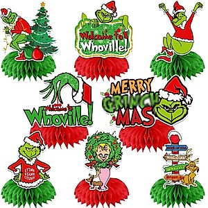 Whoville Christmas Decorations, 8pcs Welcome to Whoville Honeycomb Centerpieces Whoville Decorations for Table Merry Christmas Table Decorations Xmas Party Decorations