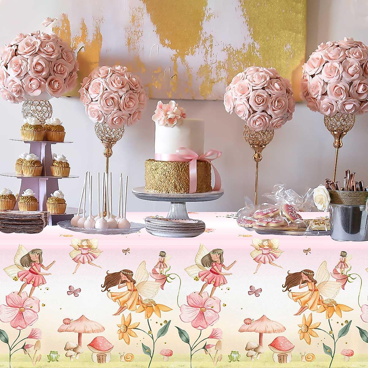 3pcs Fairy Party Tablecloth Decorations Fairy Birthday Party Supplies Table Cover Floral Flower Fairies Enchanted Wonderland Forest Garden Disposable Plastic Table cloth Baby Shower Favors for Girl