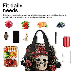 Gothic Sugar Skull Red Rose Lunch Bag Adjustable Shoulder Strap Cooler Bag Reusable Zipper Insulated Lunch Tote Bag for Work Picnic Camping School