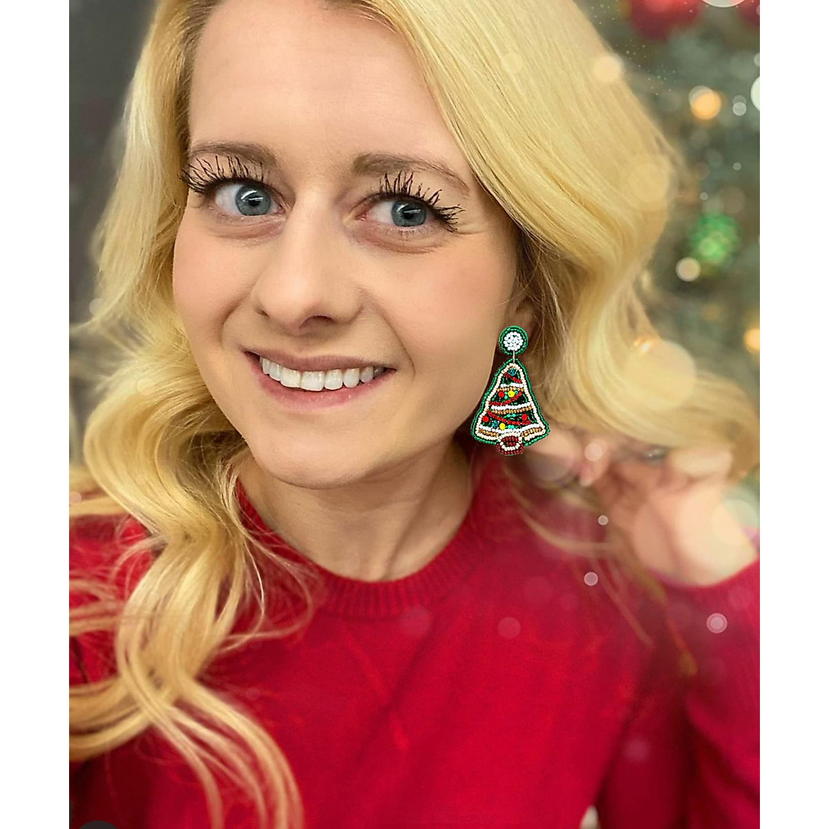 CEALXHENY Beaded Christmas Earrings for Women Handmade Bead Xmas Tree Santa Clause Wreath Candy Cane Drop Dangle Earrings Festive Holiday Earrings Christmas Gifts (Christmas Tree)