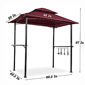 Outdoor Grill Gazebo 8x5Ft, Patio Barbecue Canopy with Serving Shelf and Storage Hooks and Vented Soft Top Canopy, Shelter Tent Sunshade Awning, Double Tier for Patio Garden Outdoor (Burgundy)