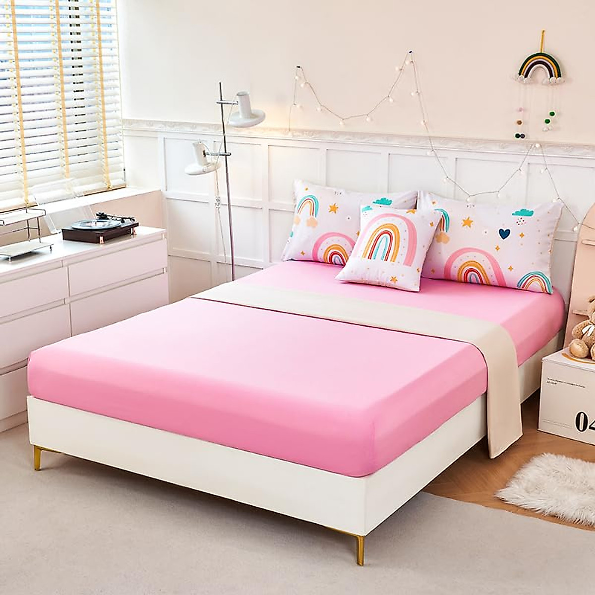 ANGIYUIN 6 Pieces Multi-Color Rainbow Queen Bedding Comforter Set for Girls Kids Cute Cloud and Love Hearts Girls Bedding Set Soft Microfiber Kid Bed in a Bag with Comforter, Sheets, Pillowcases