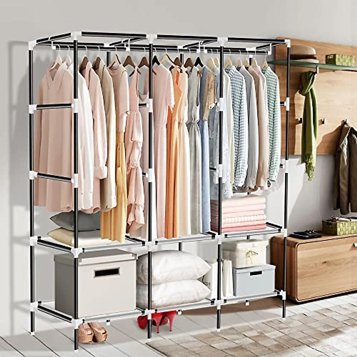 LOKEME 61 Inch Bundle with 55.5 Inch Portable Wardrobe Closet, Closet Oraganizr with 5 Hanging rods, Dust-Proof Cover, Non-Woven Fabric