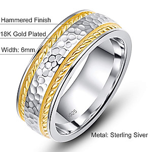 AVECON 6MM Wedding Band for Men 925 Sterling Silver 18K Gold Plated Hammered Engagement Unisex Rings Size 7