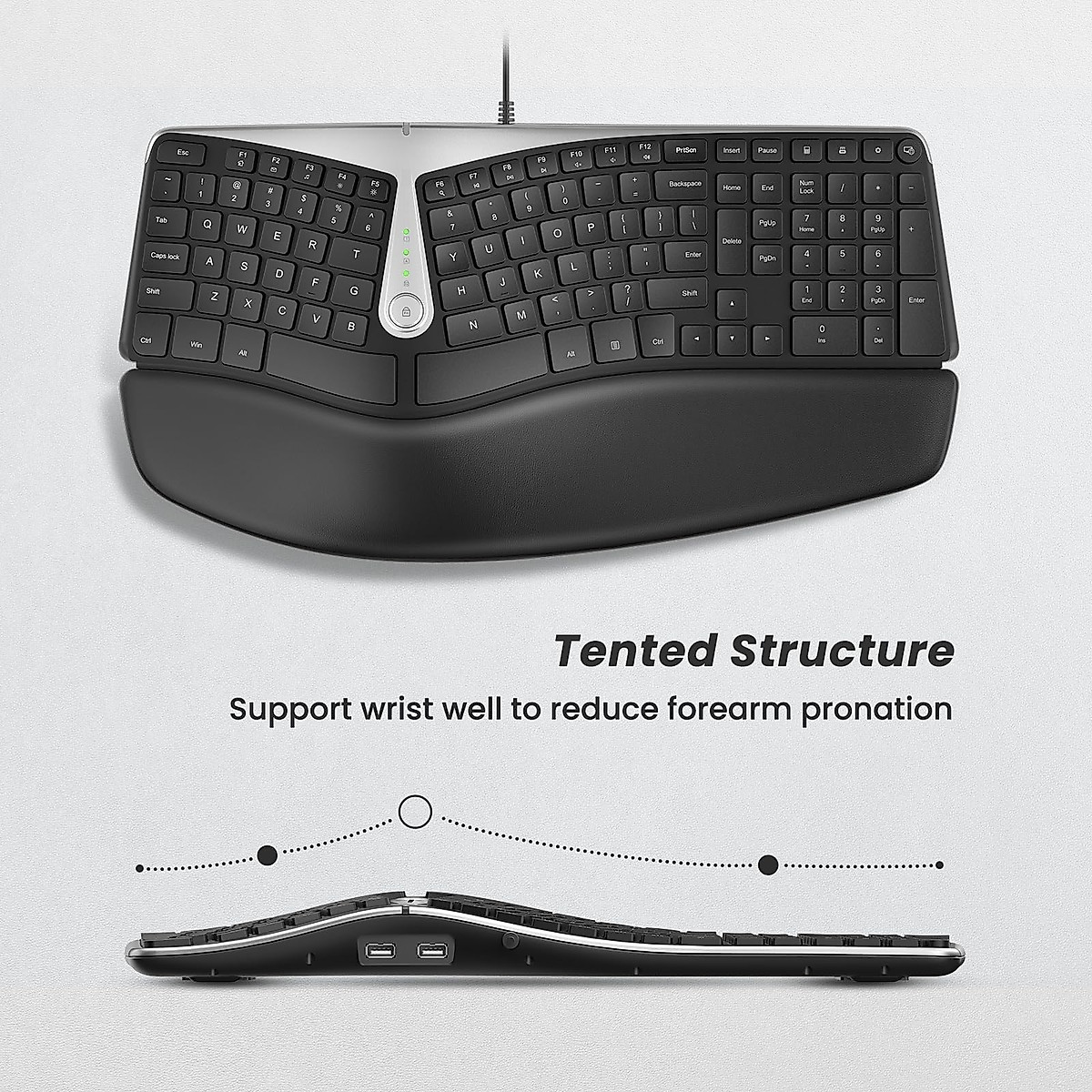 Nulea RT02 Ergonomic Keyboard, Wired Split Keyboard with Pillowed Wrist and Palm Support, Featuring Dual USB Ports, Natural Typing Keyboard for Carpal Tunnel, Compatible with Windows/Mac