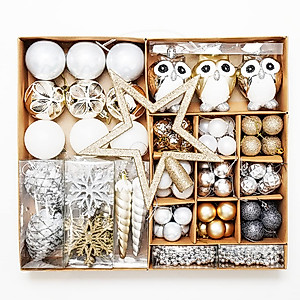 Christmas Tree Ball Ornaments Set, 100 ct Gold-Silver Owl Theme Xmas Ornaments, Shatterproof Decorative Hanging Assorted Ornaments for Holiday Party Decor Tree Ornaments and Events