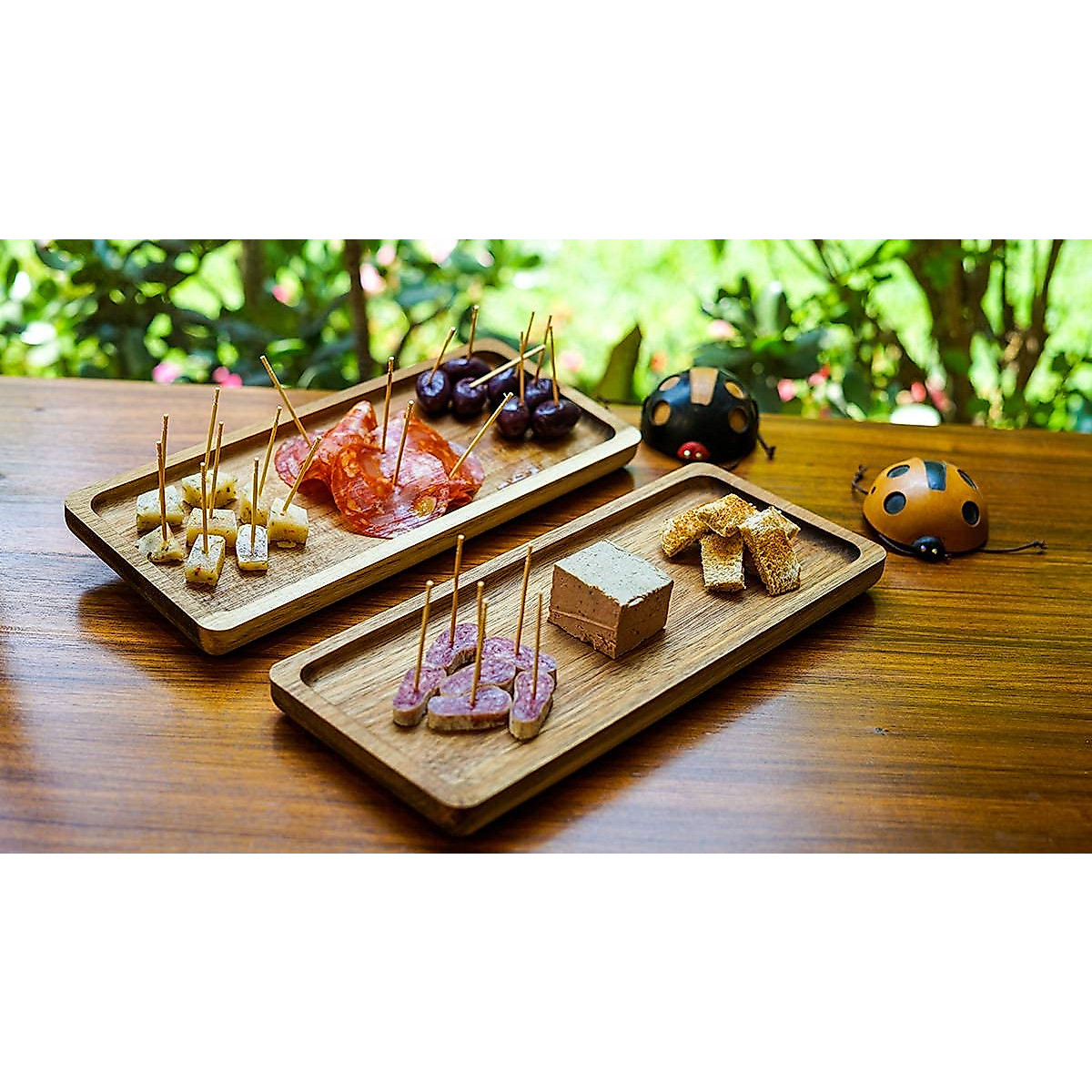 Strova Wood Serving Platters and Charcuterie Trays, Set of 2, Rustic Wooden Servers with Raised Edge, Serve Cheese, Sushi, Holiday Snacks, and More