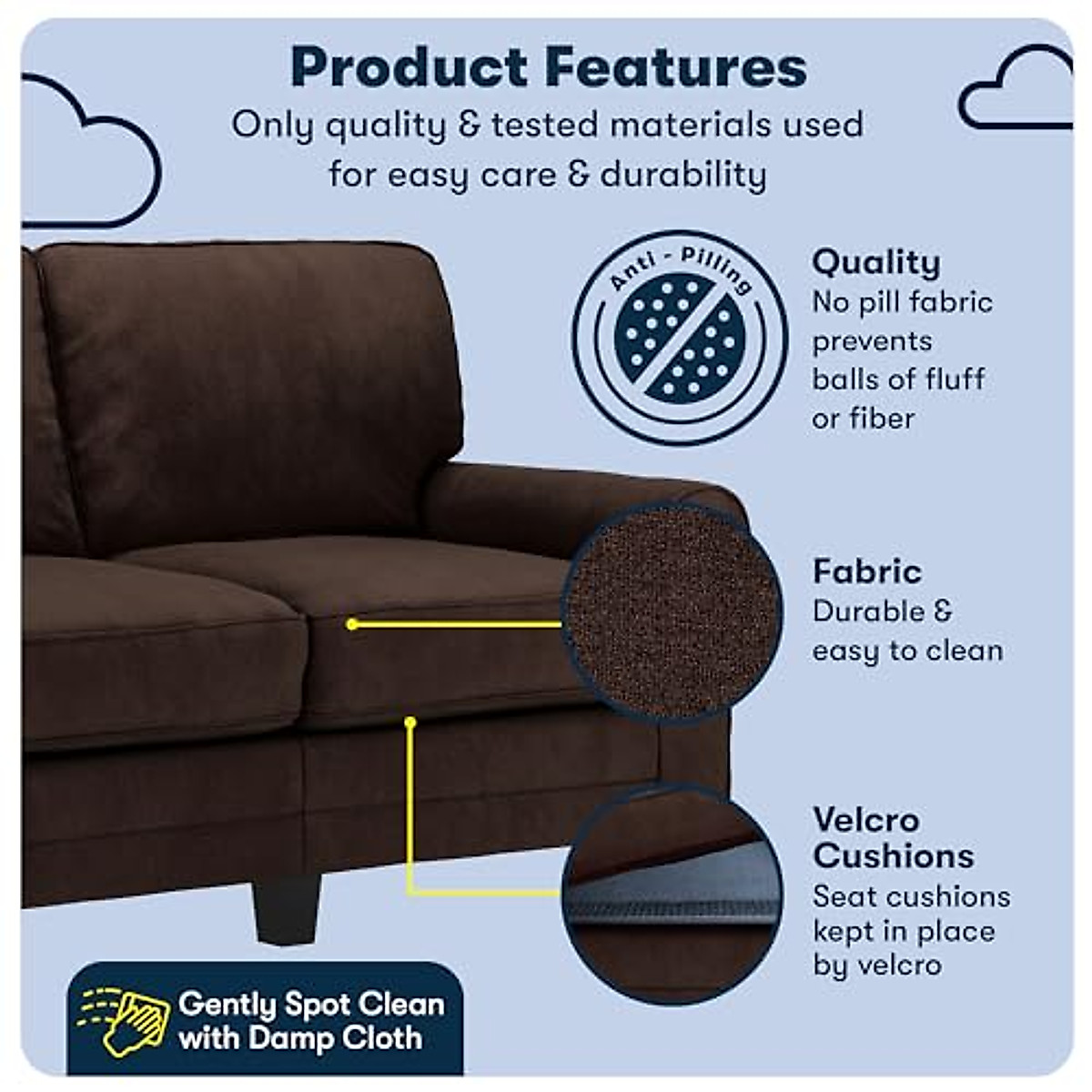 Serta Copenhagen Rolled Arm Sofa, Easy Care Polyester, Soft Pillow Back, Pocket Coil Seat Cushions, Removable Covers, Couch for Small Spaces, Living Rooms or Bedrooms, 61" Loveseat, Brown