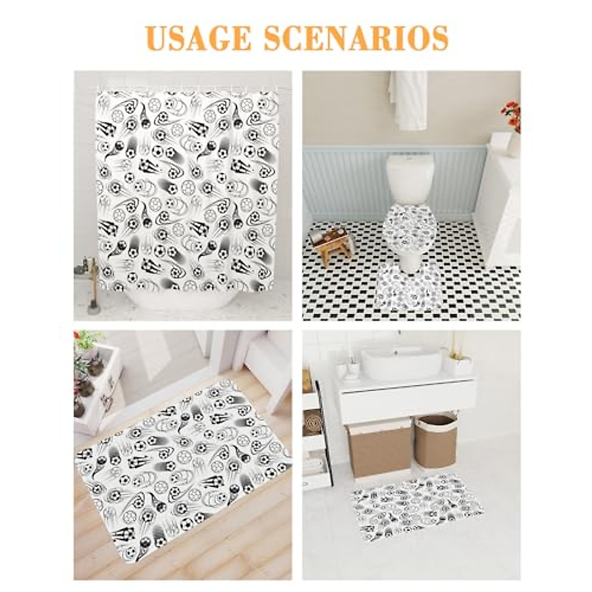 Minimalist Football Bathroom Set with Shower Curtain and Rug and Accessories,66x72 Inches Long Bathtub Curtain with Small Bath Mat,Bathtub Floor Runner Rug Set,12 Hooks Sports Theme Black White