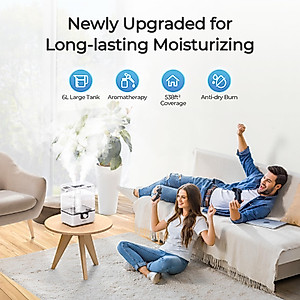 6L Humidifiers for Bedroom Large Room Home, CHIVALZ Cool Mist Top Fill Humidifiers for Baby Nursery and Plants, 26dB Quiet, Nightlight, Up to 50 Hours, Oil Diffuser 1 Pack + 2 Mist Outlets White