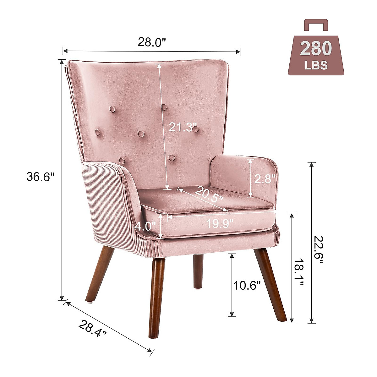 Bekrvio Velvet Accent Chair, Modern Wingback Armchair with High-Back, 4" Thick Seat Cushion, Velvet Upholstered Single Sofa Chair for Living Room Bedroom Reading Vanity Chair Club Arm Chair (Pink)
