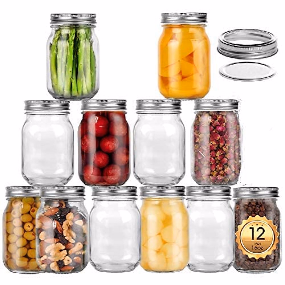 Simpli-Magic 79386 Mason Jars (16 oz) [12 Pack] Canning Jars with Sealed and Straw Lid, Ideal for Juice, Jam, Honey and Spice, Wedding Favors, Shower Favors, Baby Foods