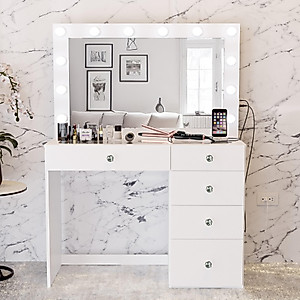 Boahaus Alana White Makeup Vanity Desk with Lights, 5 Drawers, Glass Top, USB Ports