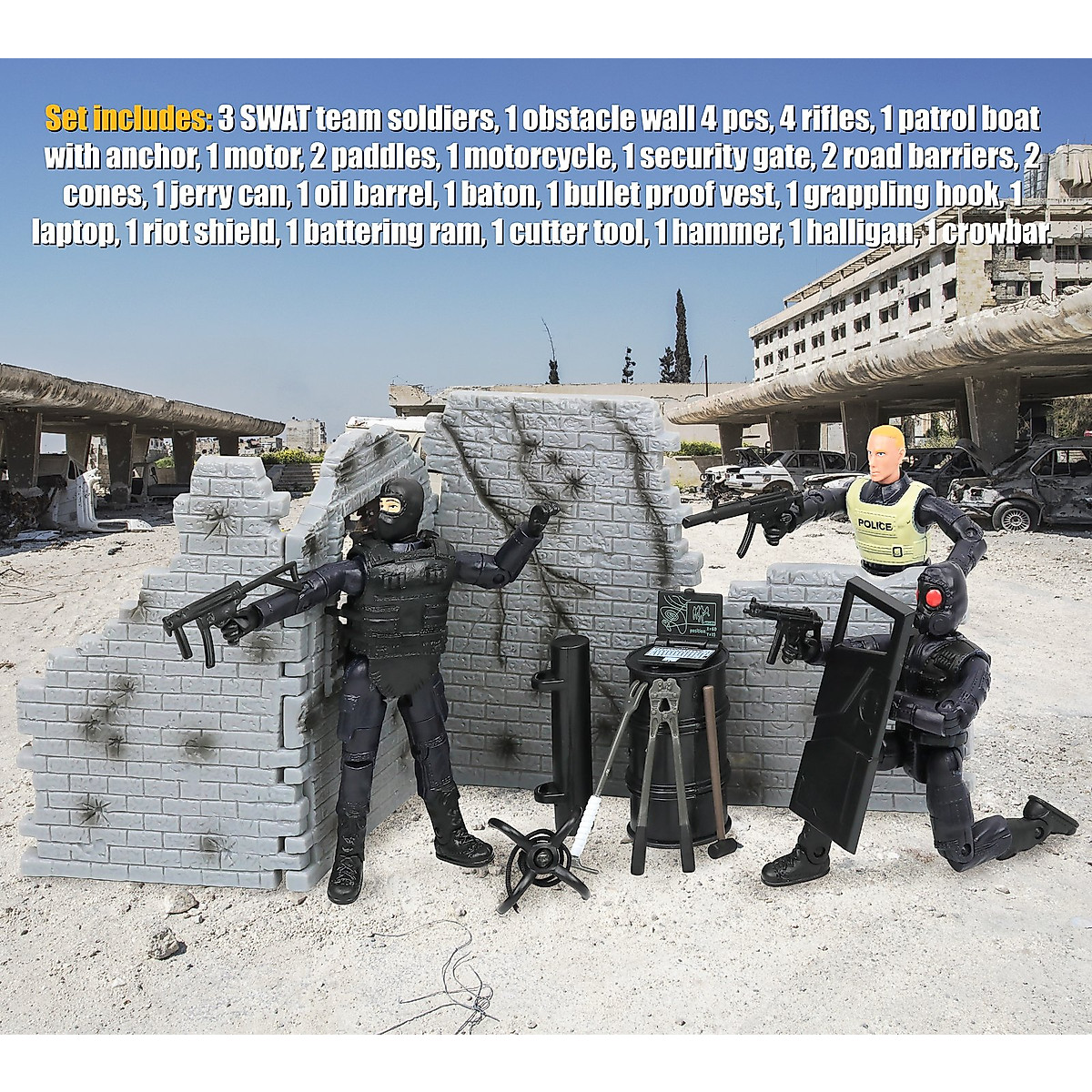 Click N' Play Army Action Figures & Click N Play Military Police Elite SWAT Patrol Team Play Set, 32-Piece Play Set & Accessories, 3 SWAT Team Action Figures w/ Guns & Vehicle Army Playsets for Boys