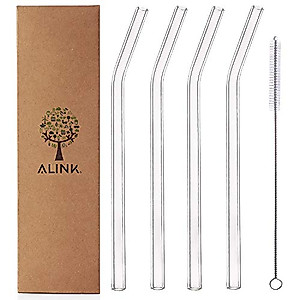 ALINK Glass Smoothie Straws, Reusable Clear Bent 9 in X 10 mm Drinking Straws, Set of 4 with Cleaning Brush