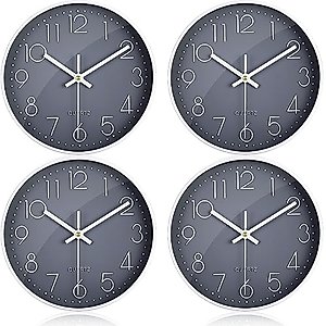 Inbagi 4 Pieces 10 Inch Quartz Silent Wall Clock Non Ticking Wall Clock, Battery Operated, Easy to Read, Round Modern Simple for Office Classroom School Home Living Room Bedroom Kitchen Decor, Gray