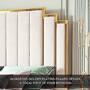 HOWE King Size Bed Frame and 65" Headboard, Upholstered Bed with Golden Plating Trim, Modern Platform Bed No Box Spring Needed, Cream
