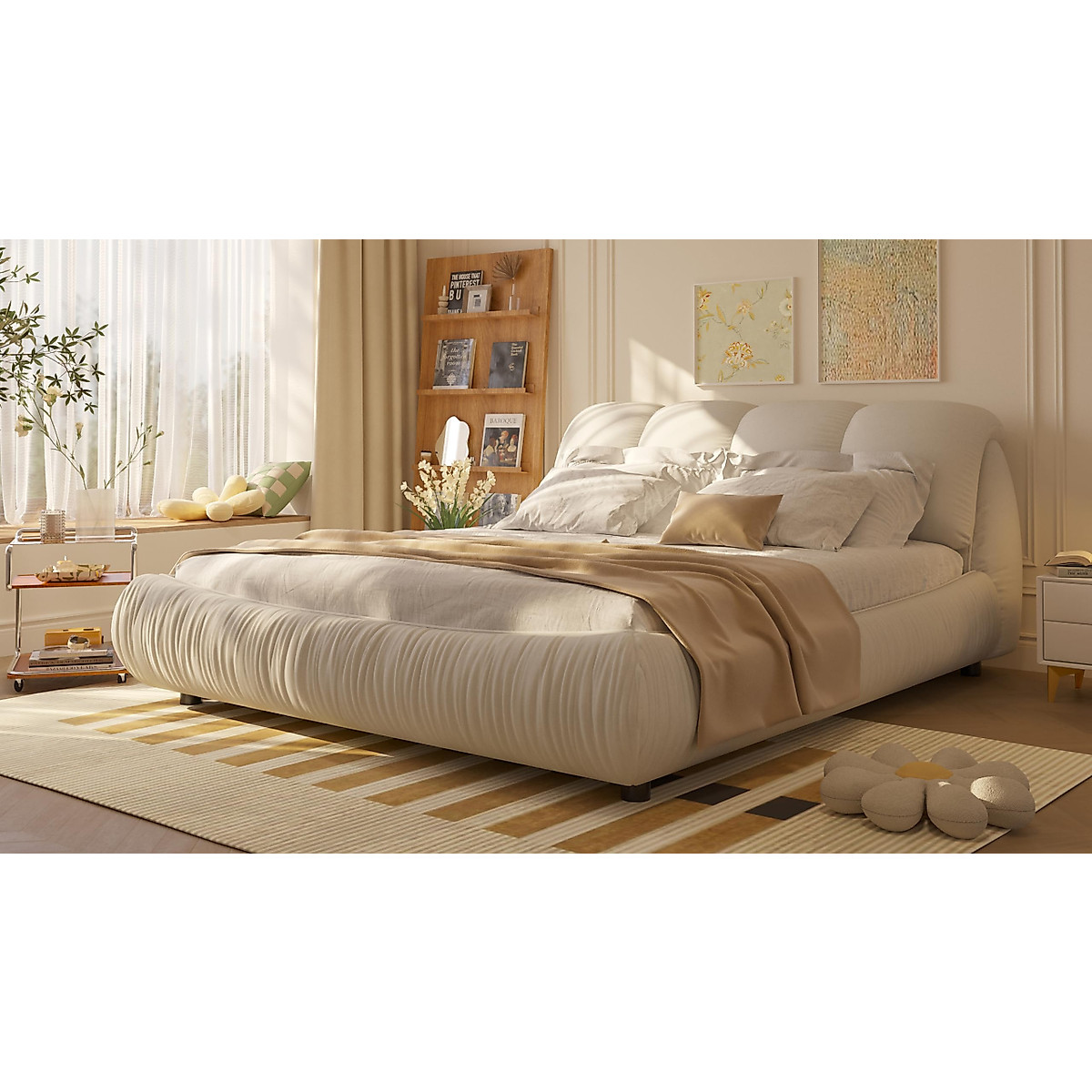 Yoglad Queen Size Contemporary Upholstered Bed, Oversized Padded Backrest Bed Frame, with Wooden Slats Support, No Box Spring Needed, Easy Assembly (Beige)