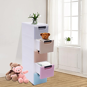 sjcdicnj Plastic Drawers Dresser, 5 Drawer Vertical Dresser Storage Tower White Dresser, Narrow Slim PP Plastic Storage Cabinet Plastic Rolling Shelf with Drawers for Bathroom (Colorful)