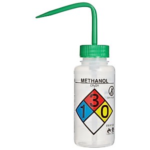 SP Bel-Art Right-to-Know Safety-Vented/Labeled 4-Color Methanol Wide-Mouth Wash Bottles; 250ml (8oz), Polyethylene w/Green Polypropylene Cap (Pack of 4) (F11808-0011)