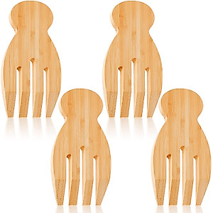 Yaomiao Set of 4 Bamboo Salad Hands Salad Servers Set Salad Serving Utensils, Burlywood Stylish Tool for Serving Salad, Pasta, Fruit, Kitchen Counter