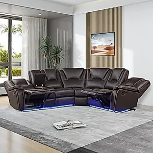 FANYE L-Shaped Manual Motion Sectional, PU Leather Upholstered Corner Recliner Sofa & Couch 2 Chaises W/Storage Console,Cupholders and LED Stripes for Home Apartment Living Room, Brown