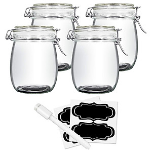 YEBODA 24oz Food Storage Canister Glass Jars with Clamp Airtight Lids and Silicone Gaskets for Multi-Purpose Kitchen Containers - Clear Round (4 Pack)
